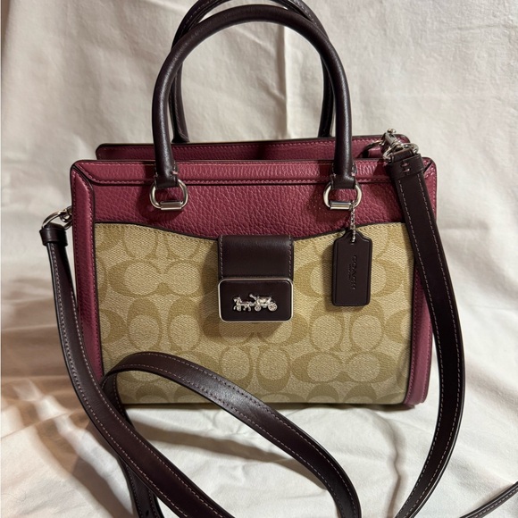 Coach | Bags | Coach Signature Canvas And Raspberry Leather Tote | Poshmark